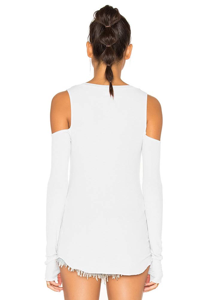 Mippo Womens Cold Shoulder Long Sleeve Tops Workout Shirts Thumb Holes Sweater Gym Yoga Clothes Hiking Tshirts White S