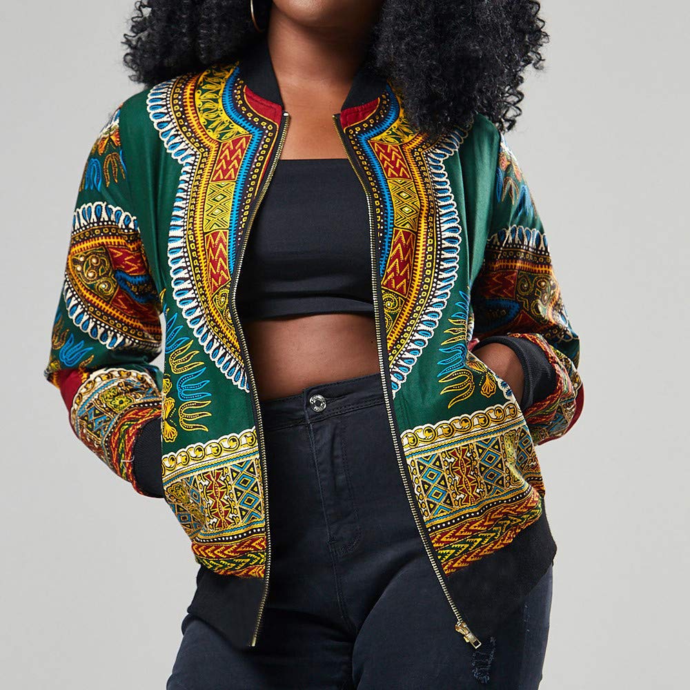 DONTAL Women Dashiki Coat Retro Long Sleeve African Print Short Casual Jacket Autumn Outwear Green