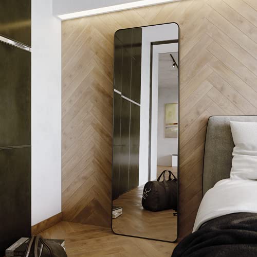 UPLAND OAKS Large Full Length Body Mirror for Floor & Wall in Bedroom - Metal Frame - Big & Tall Long Mirror for Leaning - Full Length Wall Mirror Size 65" x 21" (Black, Slim Lip)