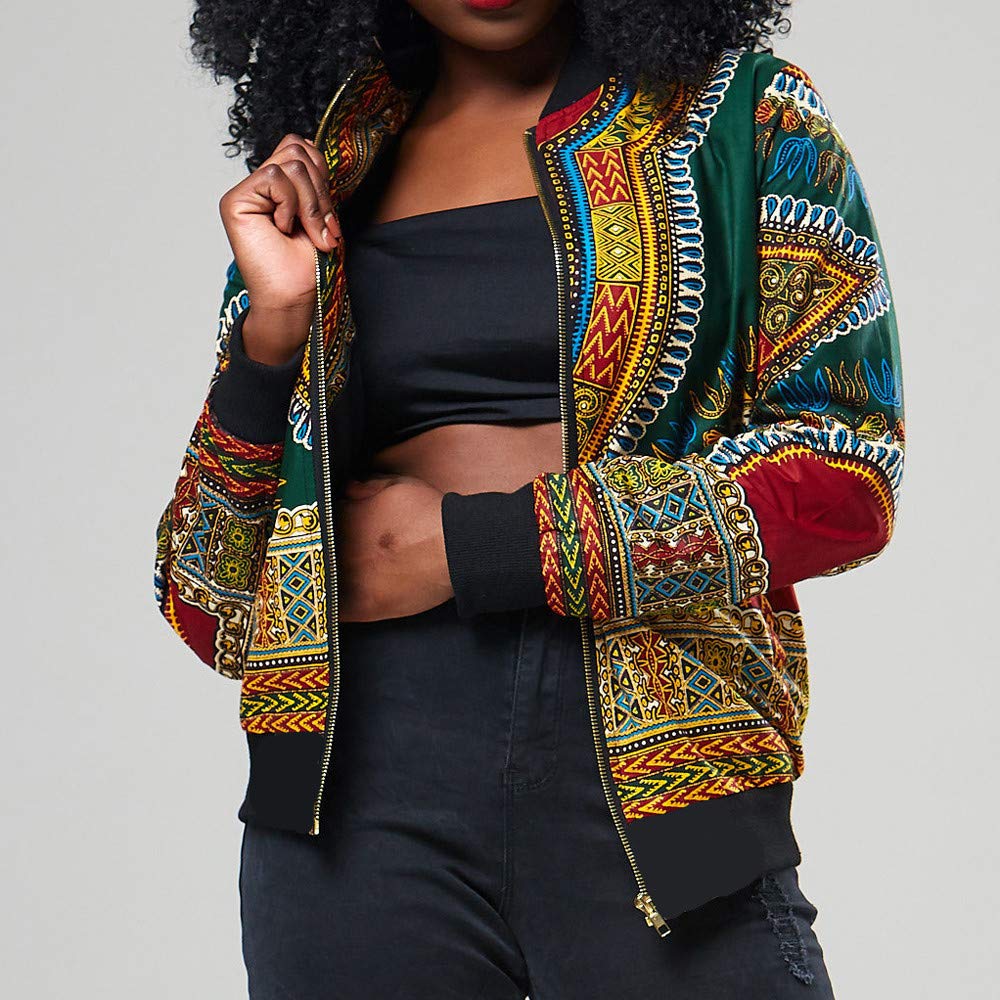 DONTAL Women Dashiki Coat Retro Long Sleeve African Print Short Casual Jacket Autumn Outwear Green