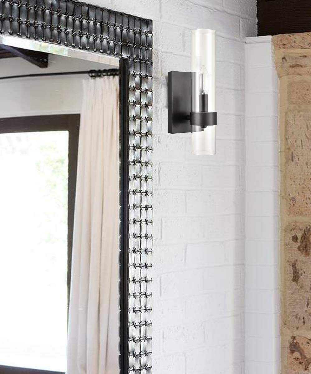 JEENKAE Modern Farmhouse Glass Cylinder Wall Sconce 1-Light Black Bathroom Vanity Lights Fixture