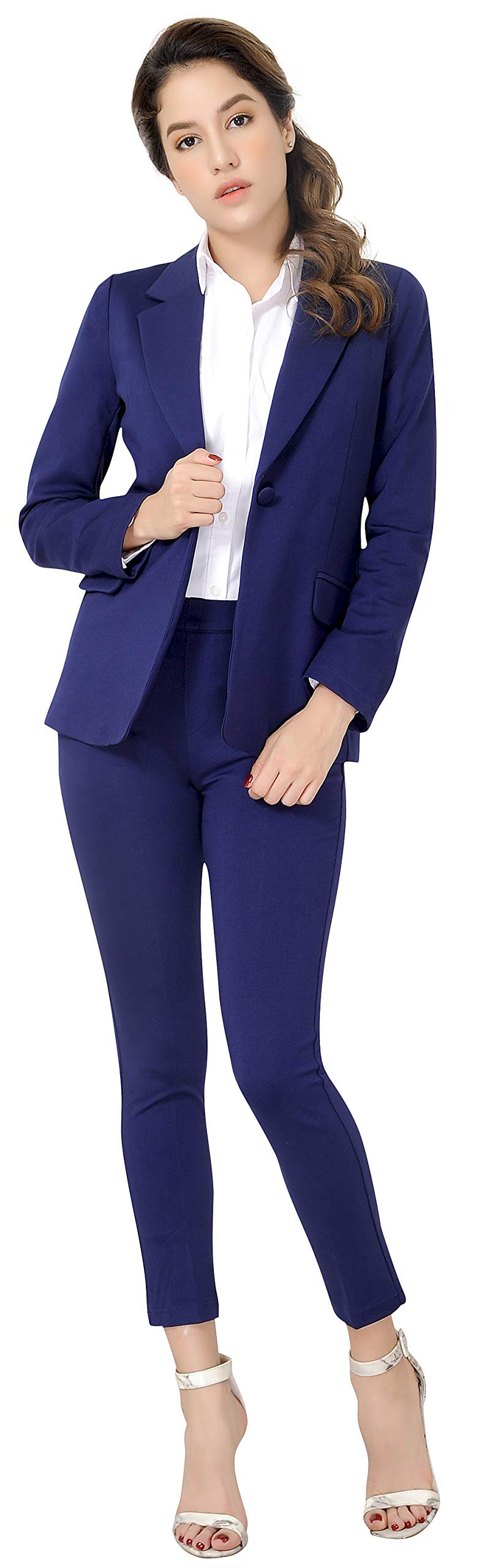 Marycrafts Women's Business Blazer Pant Suit Set for Work 12 Navy