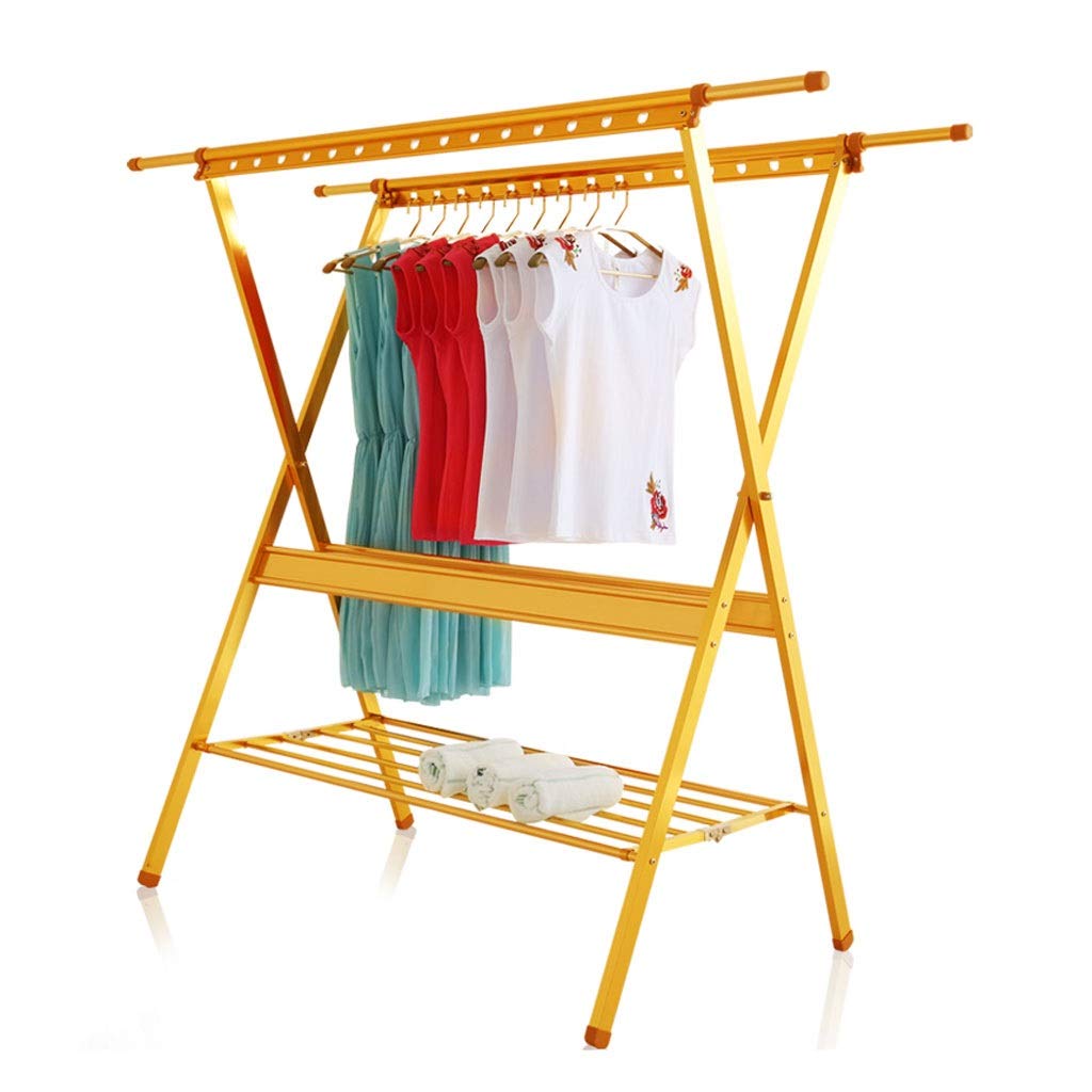 Clothes Airer Aluminum X-Type Drying Rack Floor Folding Indoor and Outdoor Home Balcony Double Pole Clothes Hanger (Color : Gold)