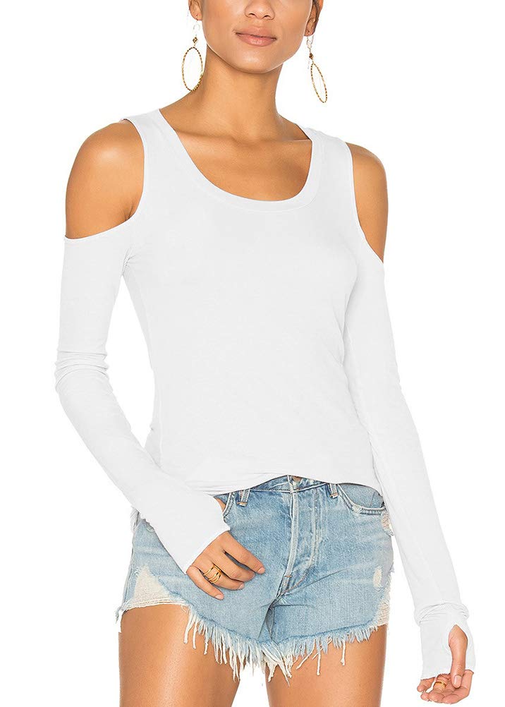 Mippo Womens Cold Shoulder Long Sleeve Tops Workout Shirts Thumb Holes Sweater Gym Yoga Clothes Hiking Tshirts White S