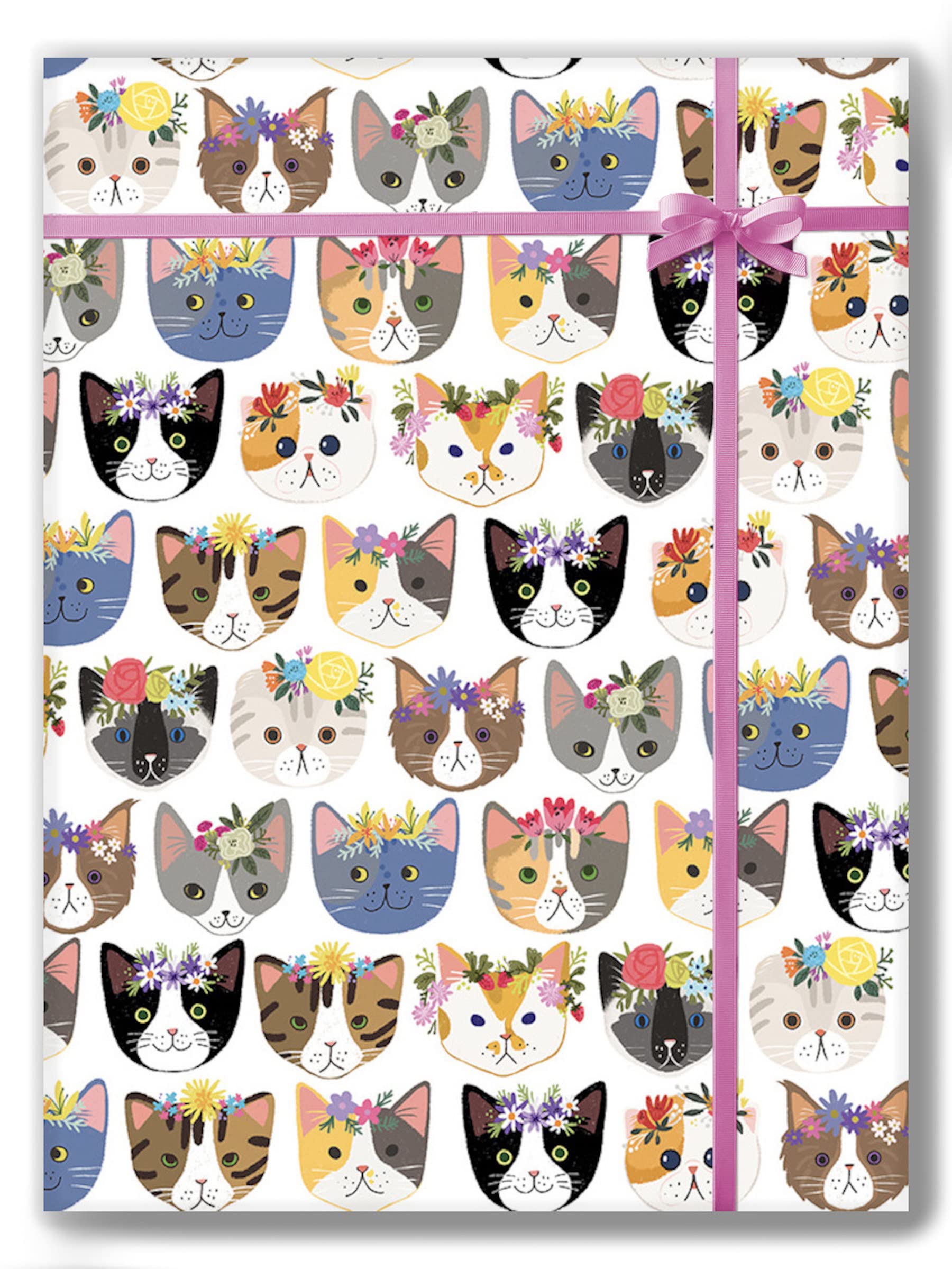 Colors of Rainbow Flat Sheet Wrapping Paper Featuring Cute Kitties Wearing Flower Crowns with a Floral Flair Gift Wrap (Kitty Cat)