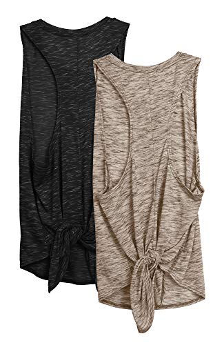 icyzone Workout Tank Top for Women - Tie Back Activewear Exercise Athletic Yoga Tops Running Gym Shirts(Pack of 2) (S, Black/Latte)