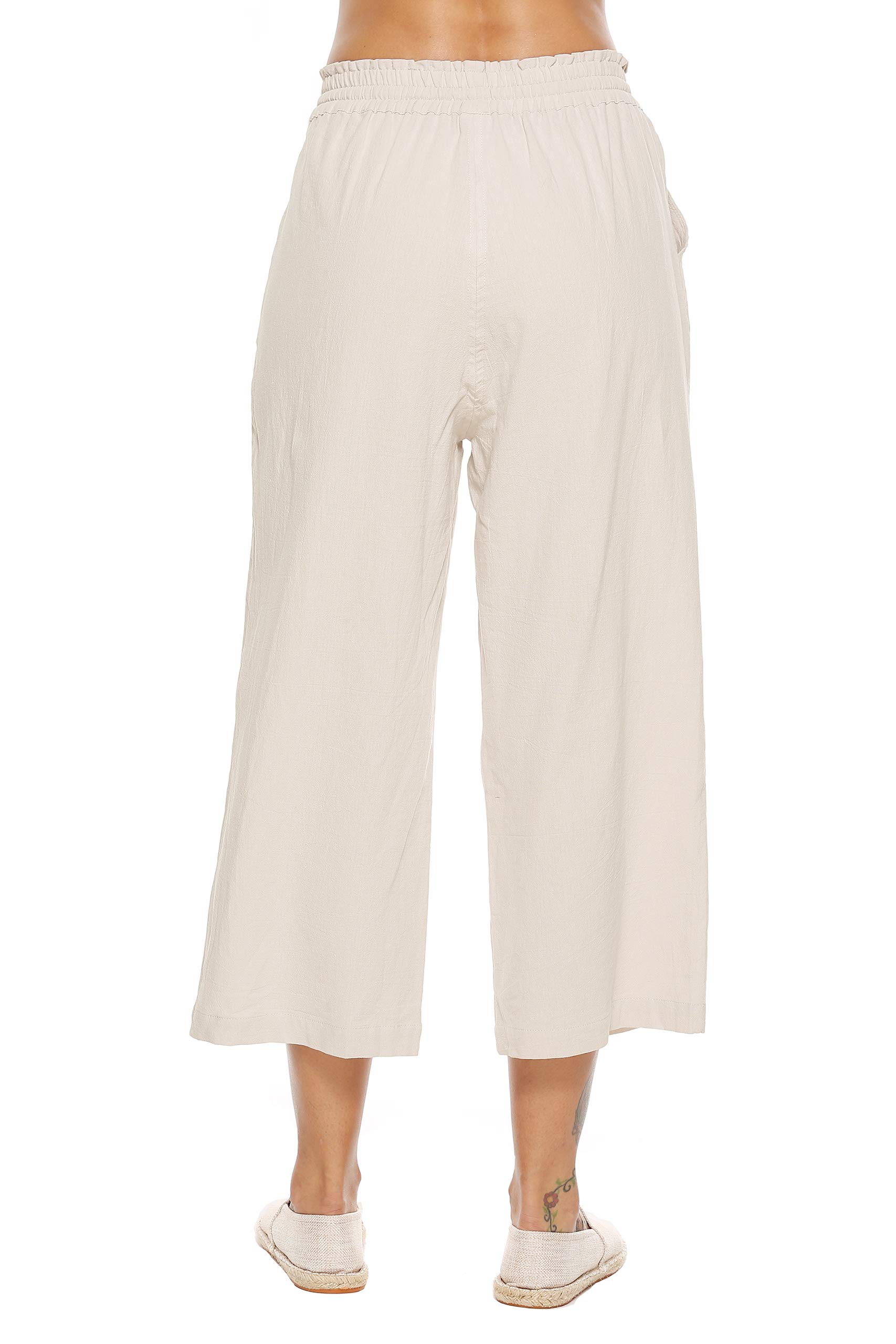 LNX Women's Linen Pants High Waist Wide Leg Drawstring Casual Loose Trouser Beige