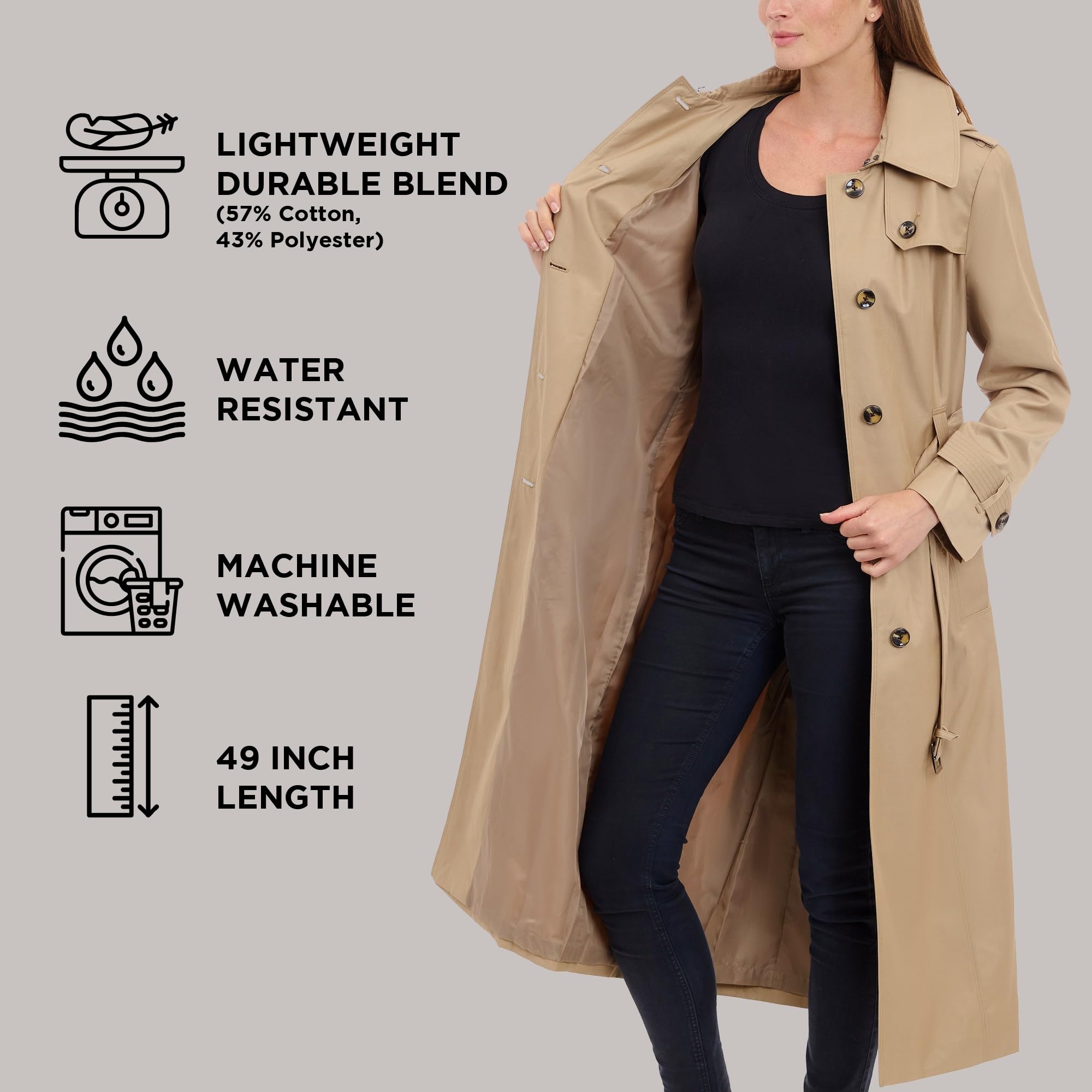 London Fog Women's Single Breasted Long Trench Coat with Epaulettes and Belt, BR Khaki, Extra Large