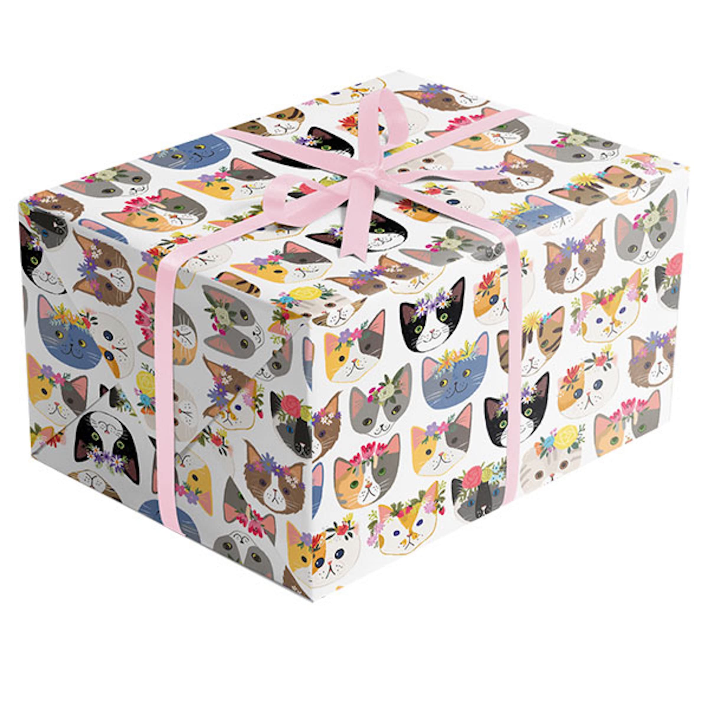 Colors of Rainbow Flat Sheet Wrapping Paper Featuring Cute Kitties Wearing Flower Crowns with a Floral Flair Gift Wrap (Kitty Cat)