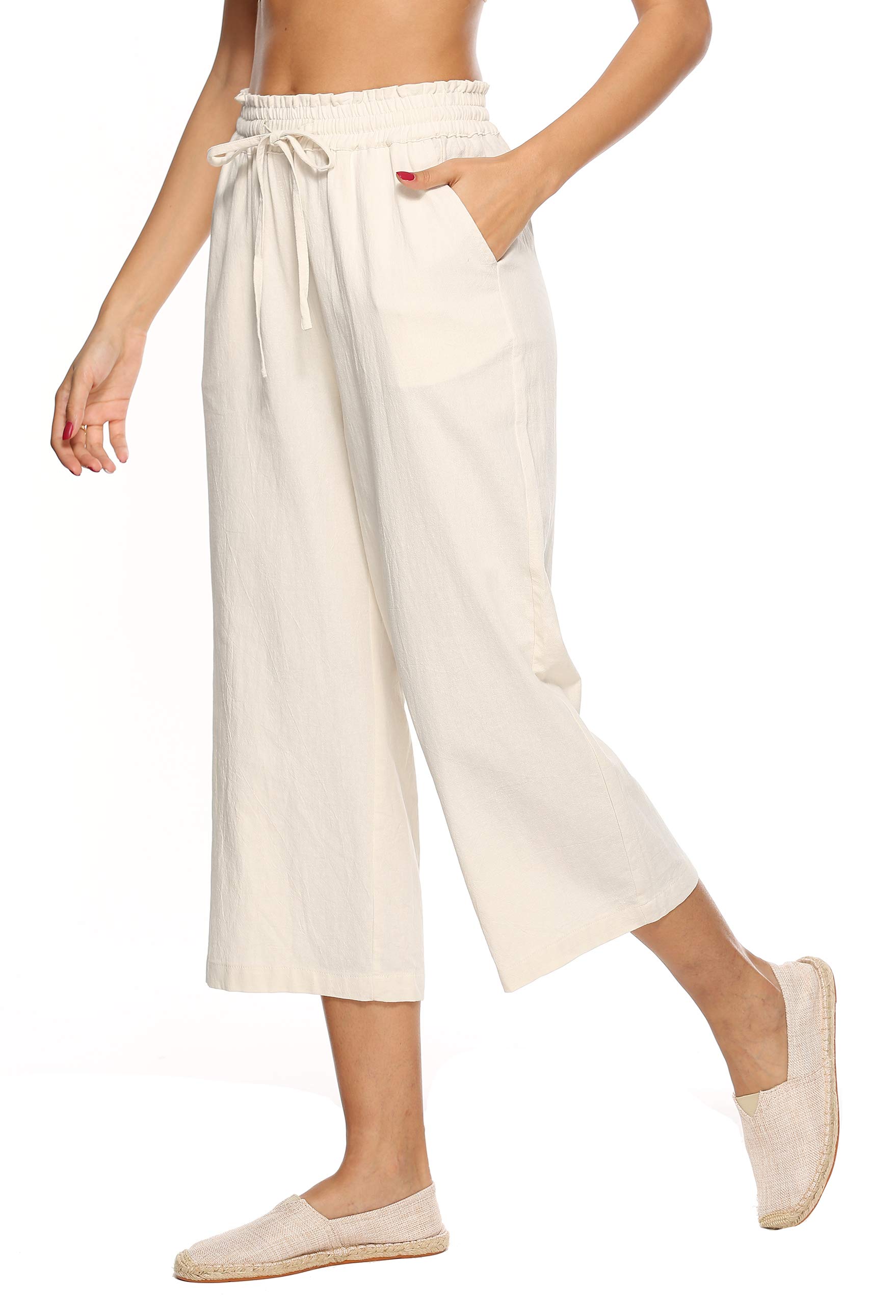 LNX Women's Linen Pants High Waist Wide Leg Drawstring Casual Loose Trouser Beige