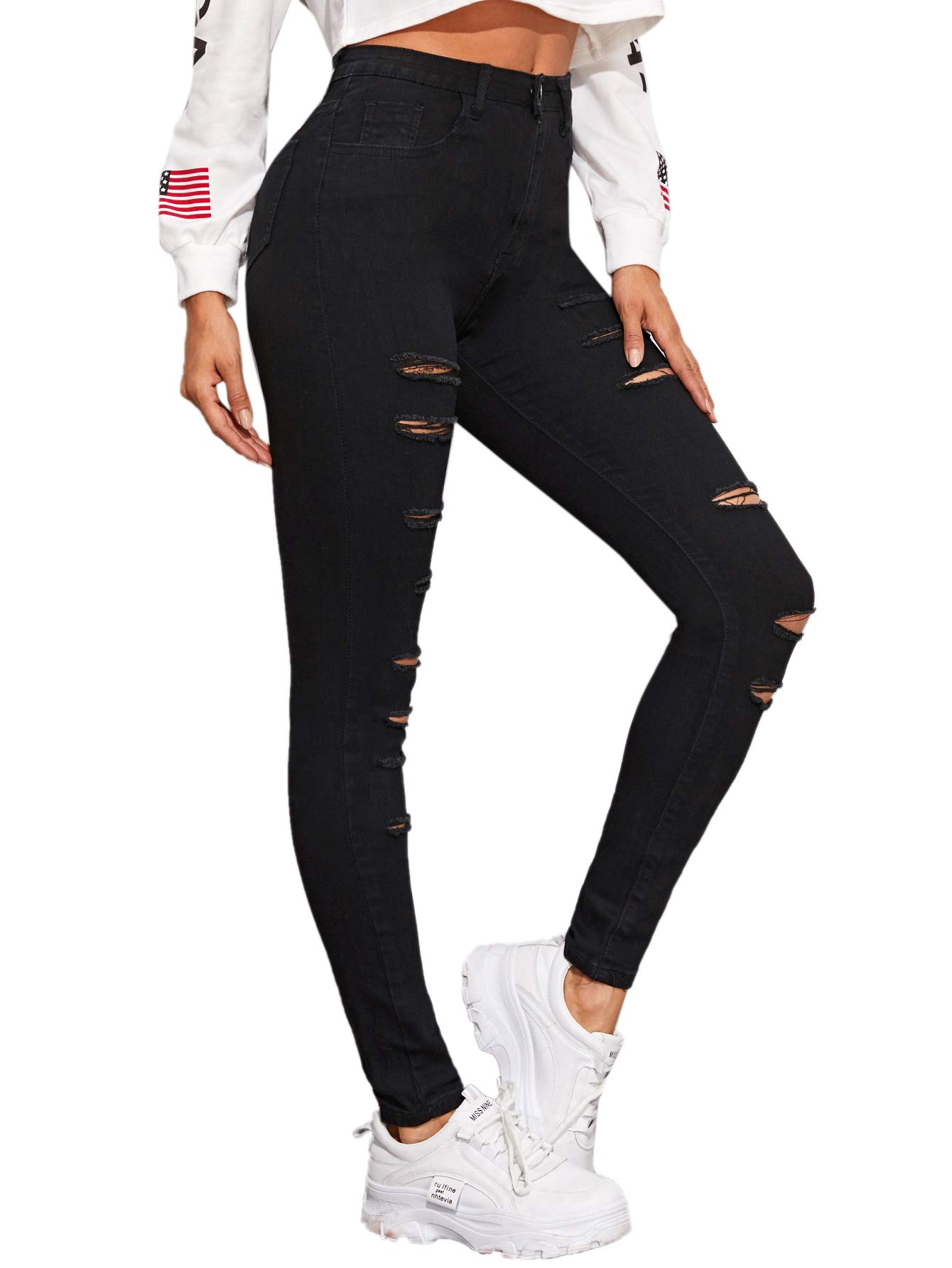 SweatyRocks Women's Hight Waisted Stretch Ripped Skinny Jeans Distressed Denim Pants Black-5 S