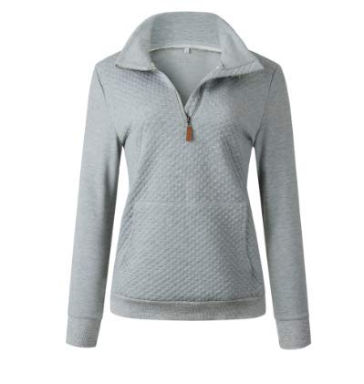 Women's Fashion Quilted Pattern Long Sleeve Casual Zipper Sweatshirt Solid Color Pullover Shirt Top.JNINTH Light Gray