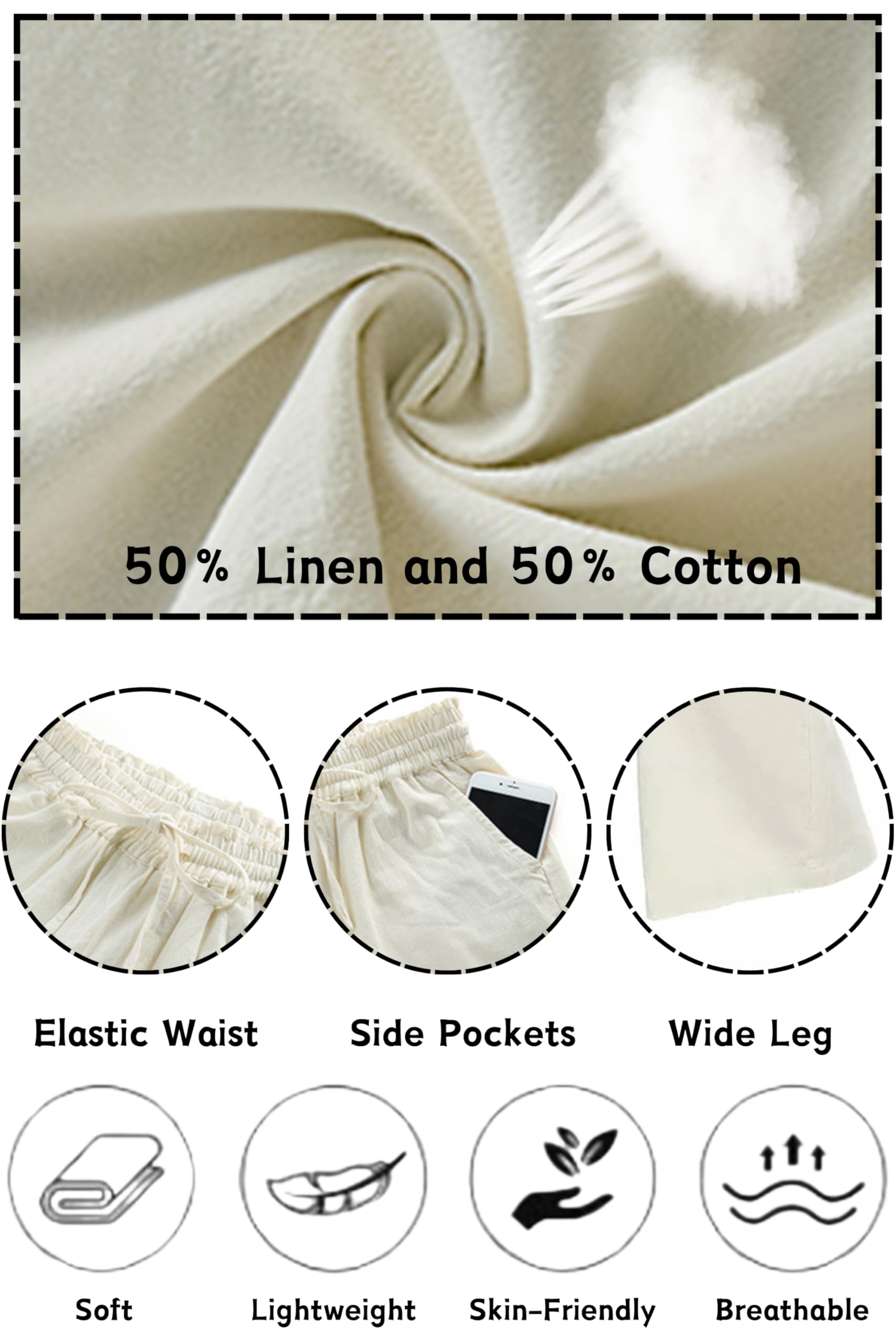LNX Women's Linen Pants High Waist Wide Leg Drawstring Casual Loose Trouser Beige
