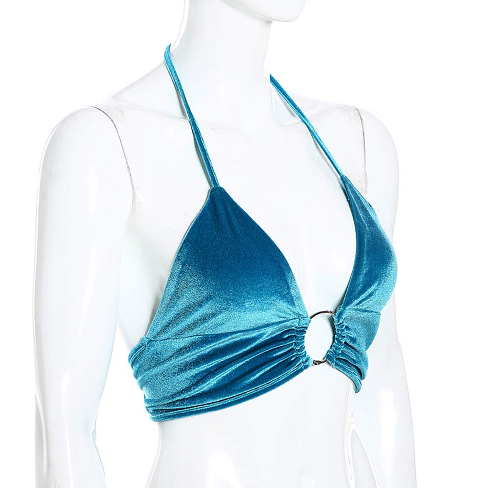 Women Halter Backless Camis Streetwear Club Patchwork Camisole Blue