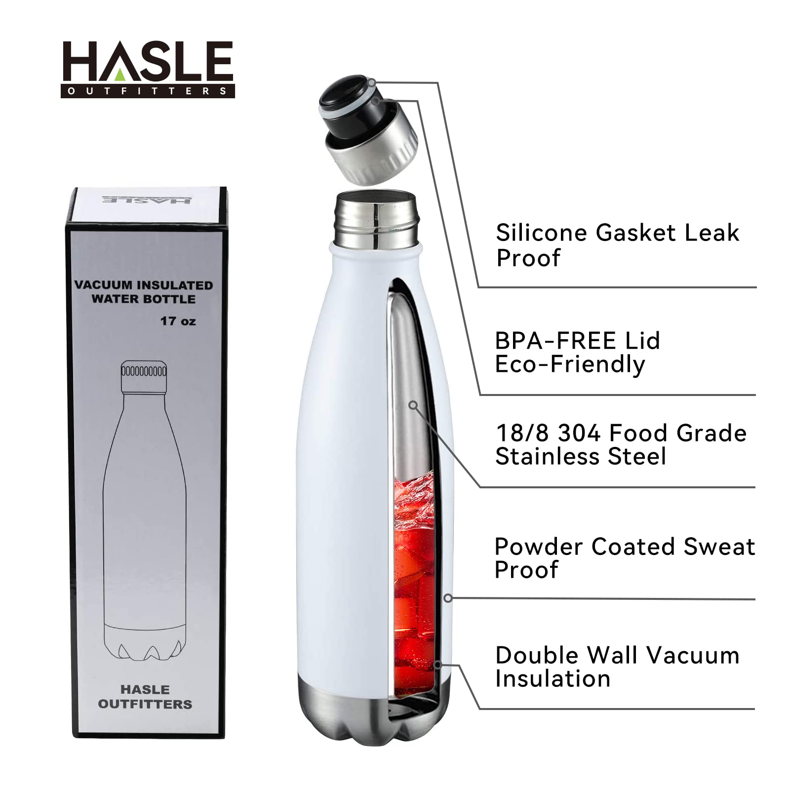 HASLE OUTFITTERS 17oz Stainless Steel Water Bottles, Vacuum Insulated Water Bottles Double Walled Powder Coated Reusable Metal Sports Water Bottles Keep Drinks Hot and Cold, White, 1Pack