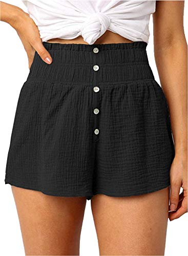 Dokotoo Womens Ladies Casual Soft High Waisted Linen Shorts for Women Trendy for Summer Comfy Elastic Waist Summer Beach Cruise Travel Resort Wear Vacation Outfits Short Pants Solid Black Medium