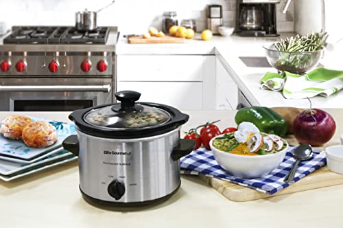 Elite Gourmet MST-250XS Electric Slow Cooker Ceramic Pot, Adjustable Temp, Entrees, Sauces, Stews & Dips, Dishwasher Safe Glass Lid & Crock, 1.5 Quart, Stainless Steel
