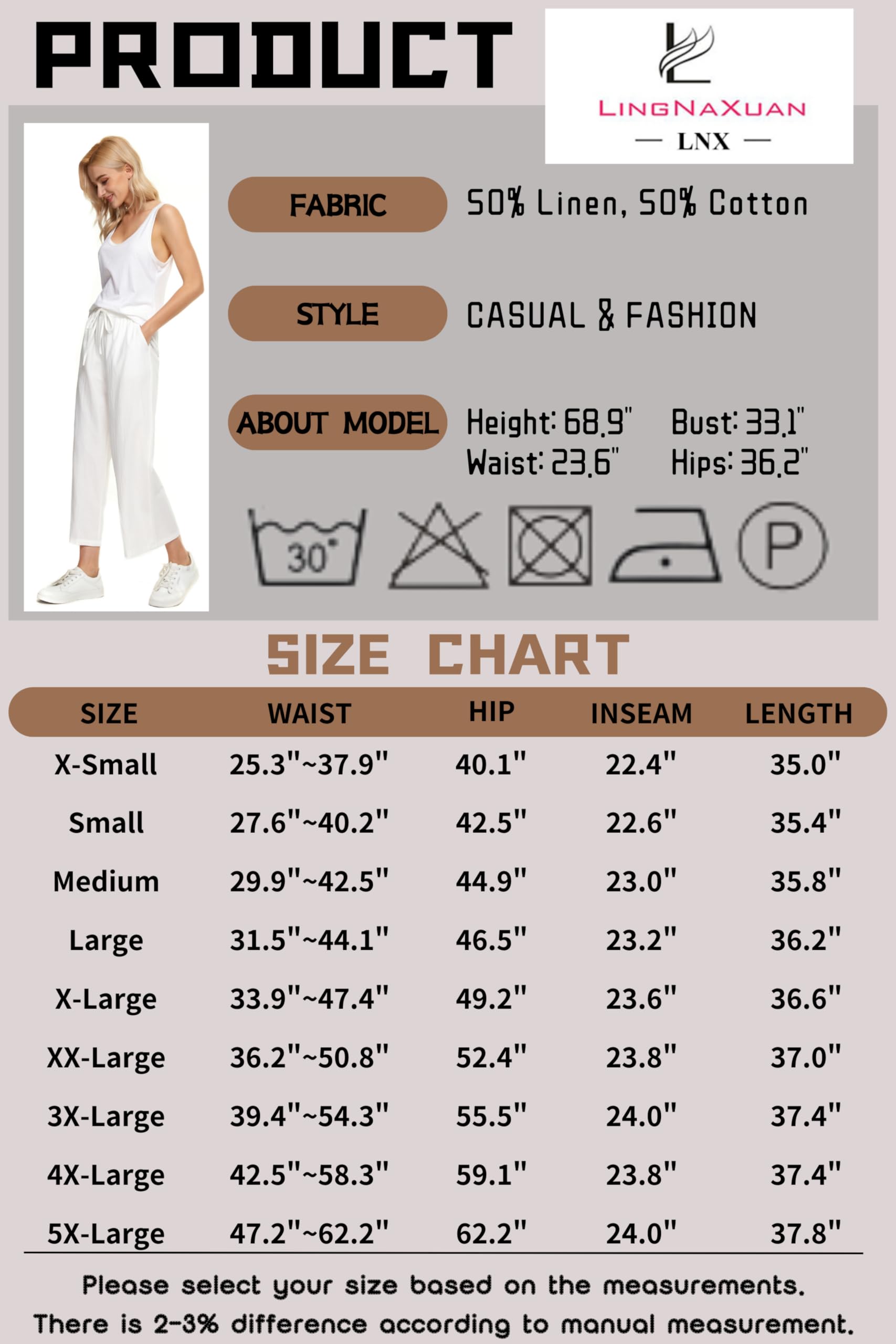 LNX Women's Linen Pants High Waist Wide Leg Drawstring Casual Loose Trouser Beige