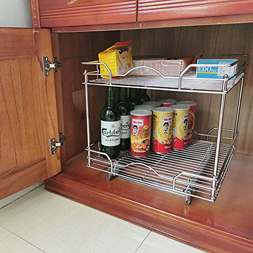 OCG Pull Out Drawer Cabinet Organizer(20" W x 18" D x 16.4" H, 2 Tier Heavy Duty Slide Out Kitchen Cabinet Storage Shelves, Sliding Drawer for Cabinet, Wire Frame, Chrome Finish