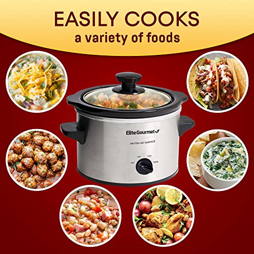 Elite Gourmet MST-250XS Electric Slow Cooker Ceramic Pot, Adjustable Temp, Entrees, Sauces, Stews & Dips, Dishwasher Safe Glass Lid & Crock, 1.5 Quart, Stainless Steel
