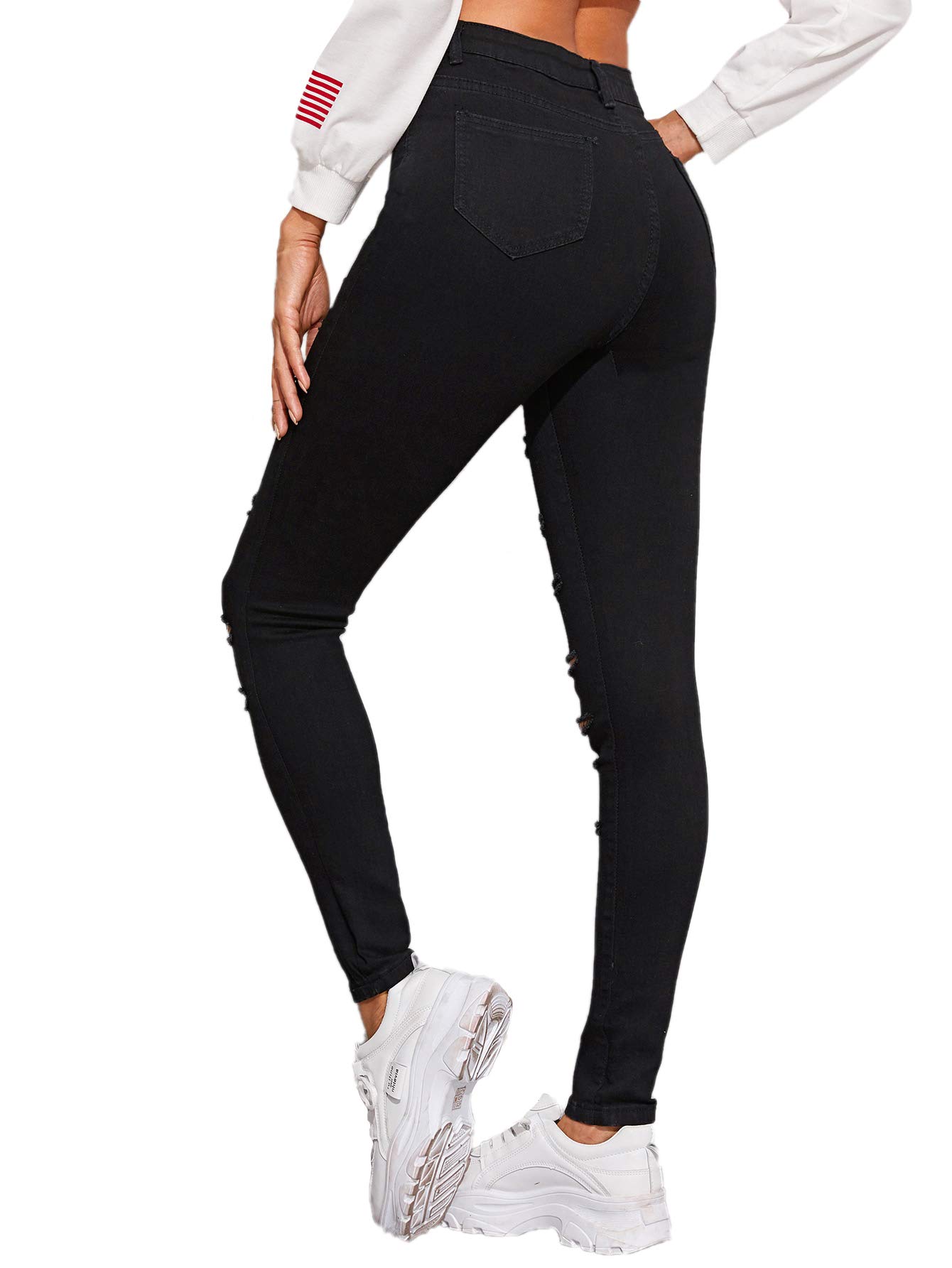SweatyRocks Women's Hight Waisted Stretch Ripped Skinny Jeans Distressed Denim Pants Black-5 S