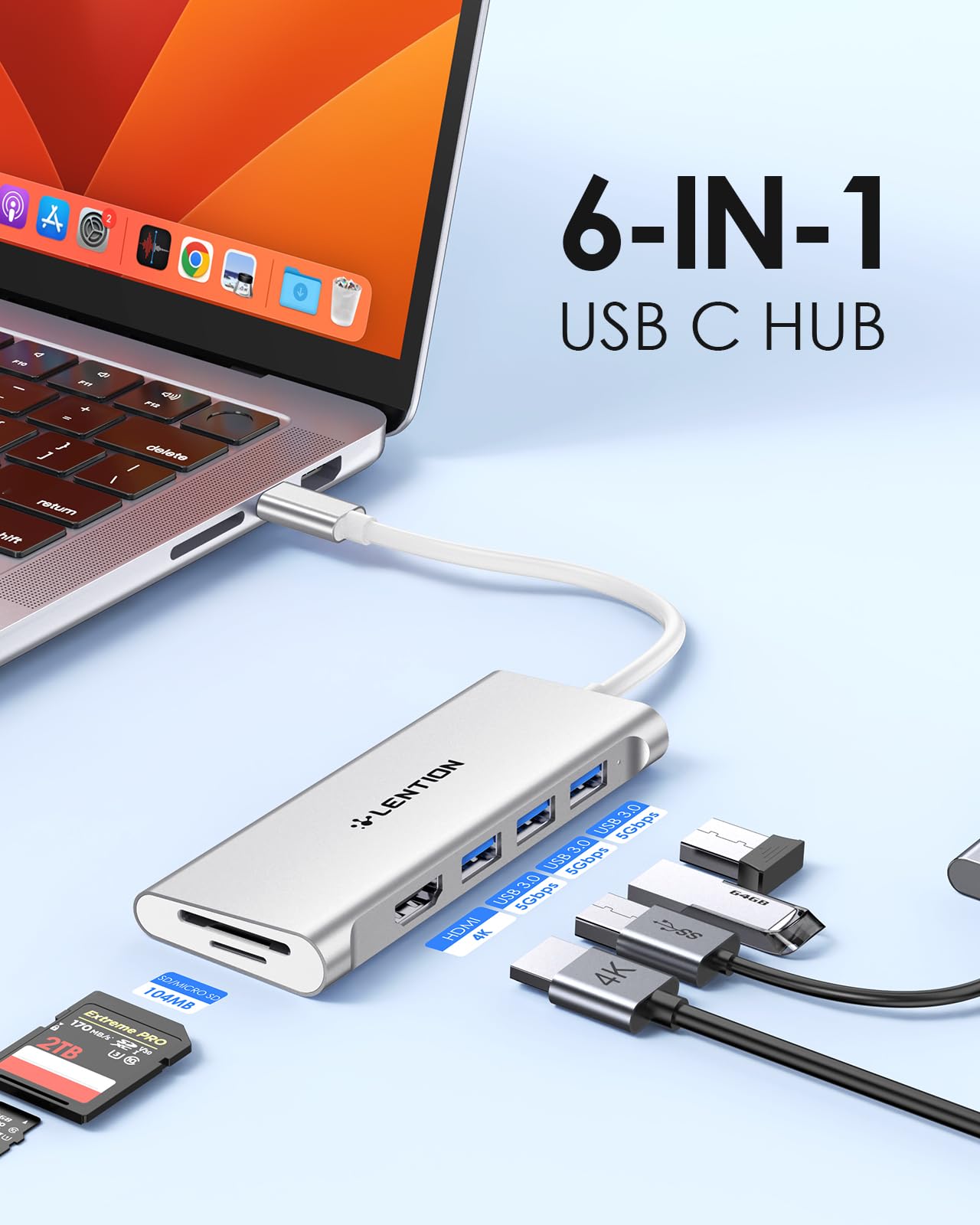 LENTION USB C Hub with 4K HDMI, 3 USB 3.0, SD/Micro SD 3.0 Card Reader, Compatible 2023-2016 MacBook Pro, New Mac Air/Surface, Chromebook, iPhone15 or More, Stable Driver Adapter (C34, Silver)