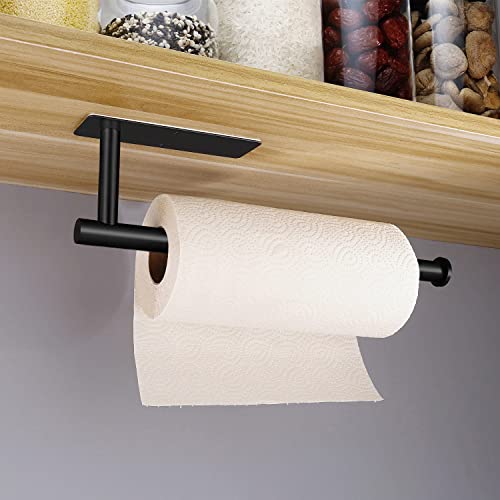 Under Cabinet Paper Towel Holder - Self Adhesive Paper Towel Roll Holder Wall Mount, Matte Black Stainless Steel Paper Towel Holder for Kitchen, Bathroom, Cabinets