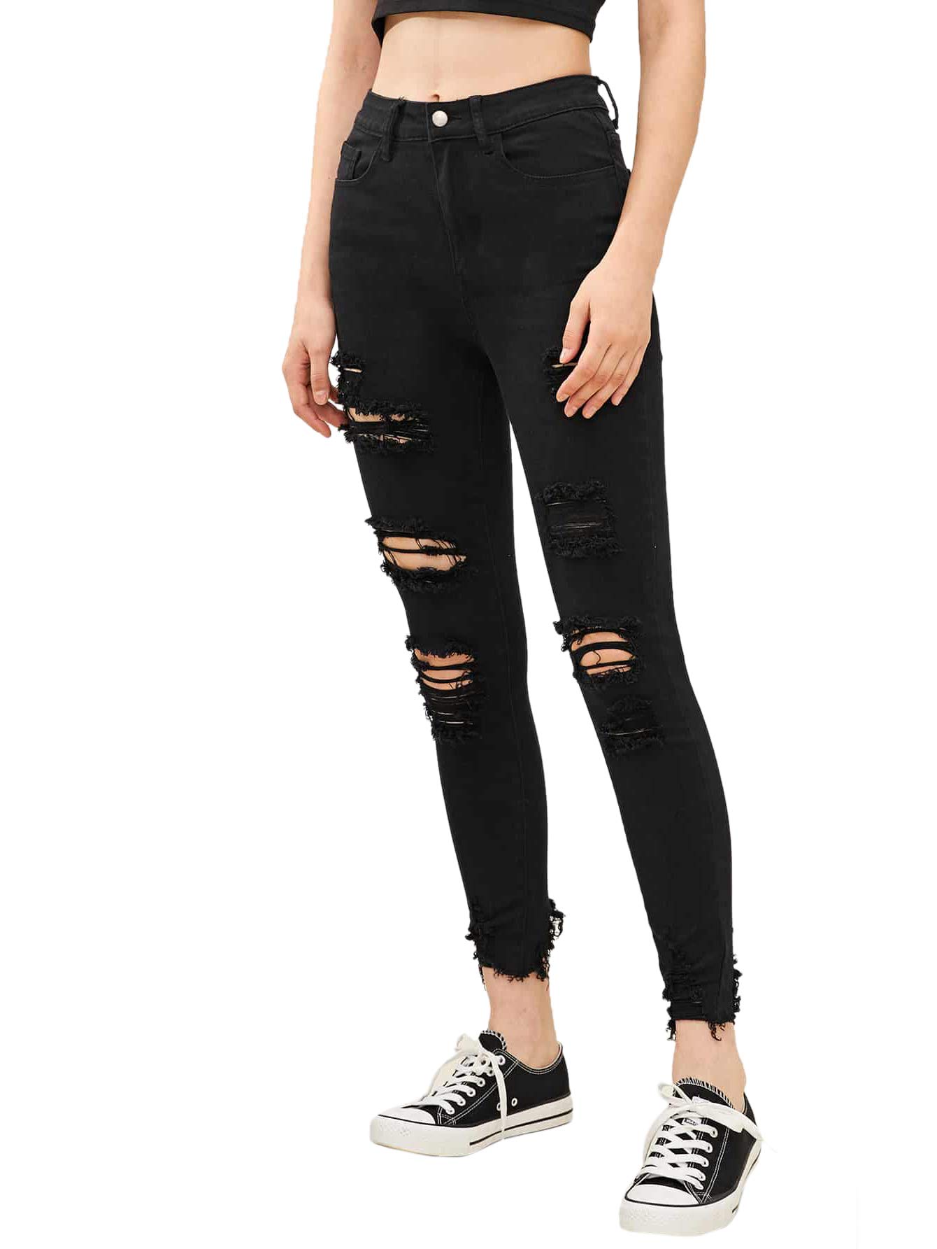 SweatyRocks Women's Hight Waisted Stretch Ripped Skinny Jeans Distressed Denim Pants Black-4 XL