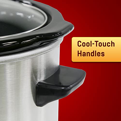 Elite Gourmet MST-250XS Electric Slow Cooker Ceramic Pot, Adjustable Temp, Entrees, Sauces, Stews & Dips, Dishwasher Safe Glass Lid & Crock, 1.5 Quart, Stainless Steel