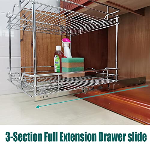 OCG Pull Out Drawer Cabinet Organizer(20" W x 18" D x 16.4" H, 2 Tier Heavy Duty Slide Out Kitchen Cabinet Storage Shelves, Sliding Drawer for Cabinet, Wire Frame, Chrome Finish