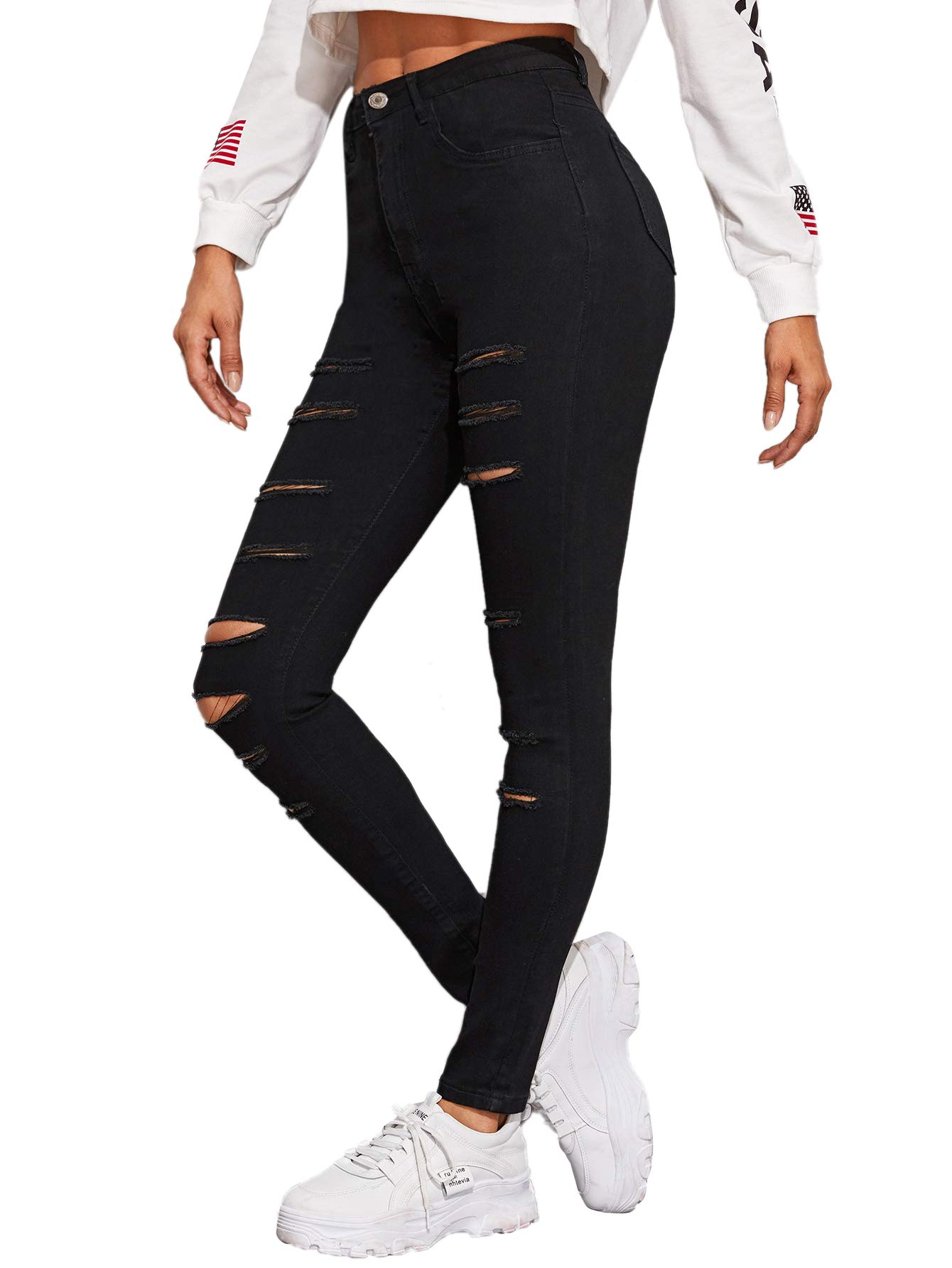 SweatyRocks Women's Hight Waisted Stretch Ripped Skinny Jeans Distressed Denim Pants Black-5 S