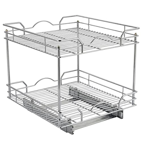 OCG Pull Out Drawer Cabinet Organizer(20" W x 18" D x 16.4" H, 2 Tier Heavy Duty Slide Out Kitchen Cabinet Storage Shelves, Sliding Drawer for Cabinet, Wire Frame, Chrome Finish