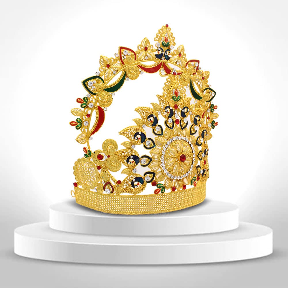 Vedic Vaani Elegant Navratri Goddesses Maa Navdurga Sherawali MATA Multicolour Gemstones Decorative Mukut/Crown/Handmade Designer Taj for Navdurga Festival, Puja, Goddess Idol/Statue