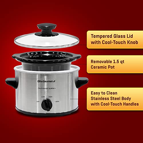 Elite Gourmet MST-250XS Electric Slow Cooker Ceramic Pot, Adjustable Temp, Entrees, Sauces, Stews & Dips, Dishwasher Safe Glass Lid & Crock, 1.5 Quart, Stainless Steel