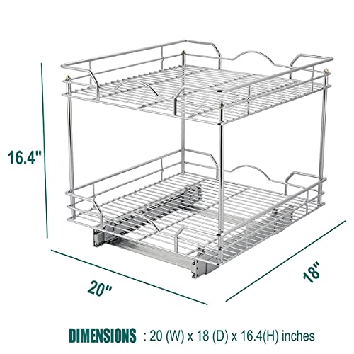 OCG Pull Out Drawer Cabinet Organizer(20" W x 18" D x 16.4" H, 2 Tier Heavy Duty Slide Out Kitchen Cabinet Storage Shelves, Sliding Drawer for Cabinet, Wire Frame, Chrome Finish