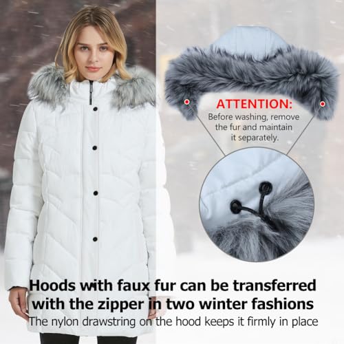 BINACL Big Hooded Down Alternative Coat, Thickened Spring Chevron Long Lined Sandstone Active Jacket with Fur Trim Puffer Soccer Cotton Padding Jackets Exquisite Valentine Gift for Girlfriend(White,S)