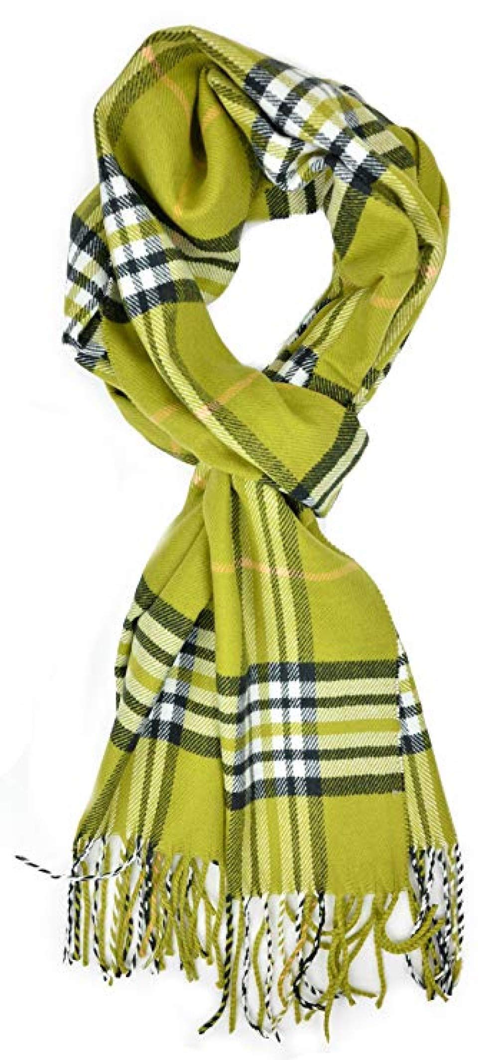 Mitchell Lewiss Elegant Classic Accessory Cashmere Soft Feel Wrap Scarf in Rich Plaids 12”x72” Fringe Unisex (Olive Plaid)