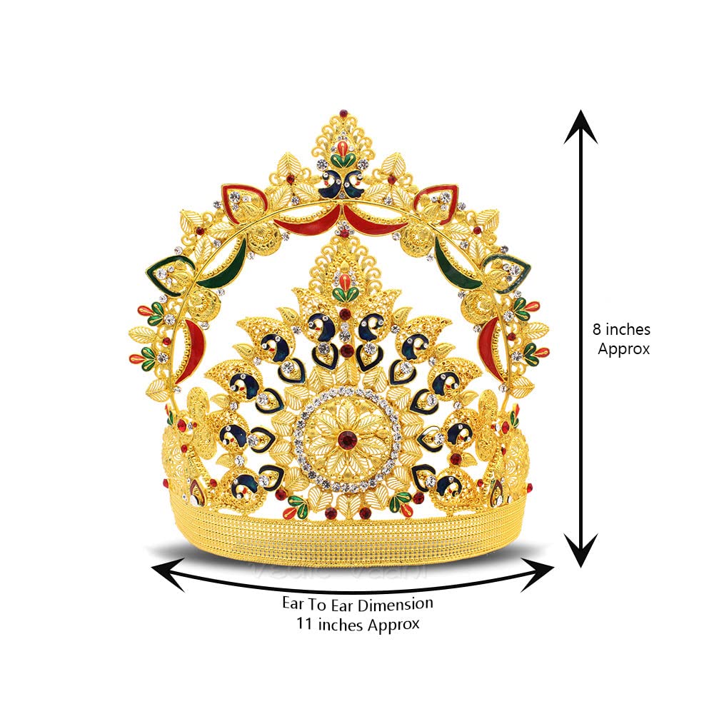 Vedic Vaani Elegant Navratri Goddesses Maa Navdurga Sherawali MATA Multicolour Gemstones Decorative Mukut/Crown/Handmade Designer Taj for Navdurga Festival, Puja, Goddess Idol/Statue
