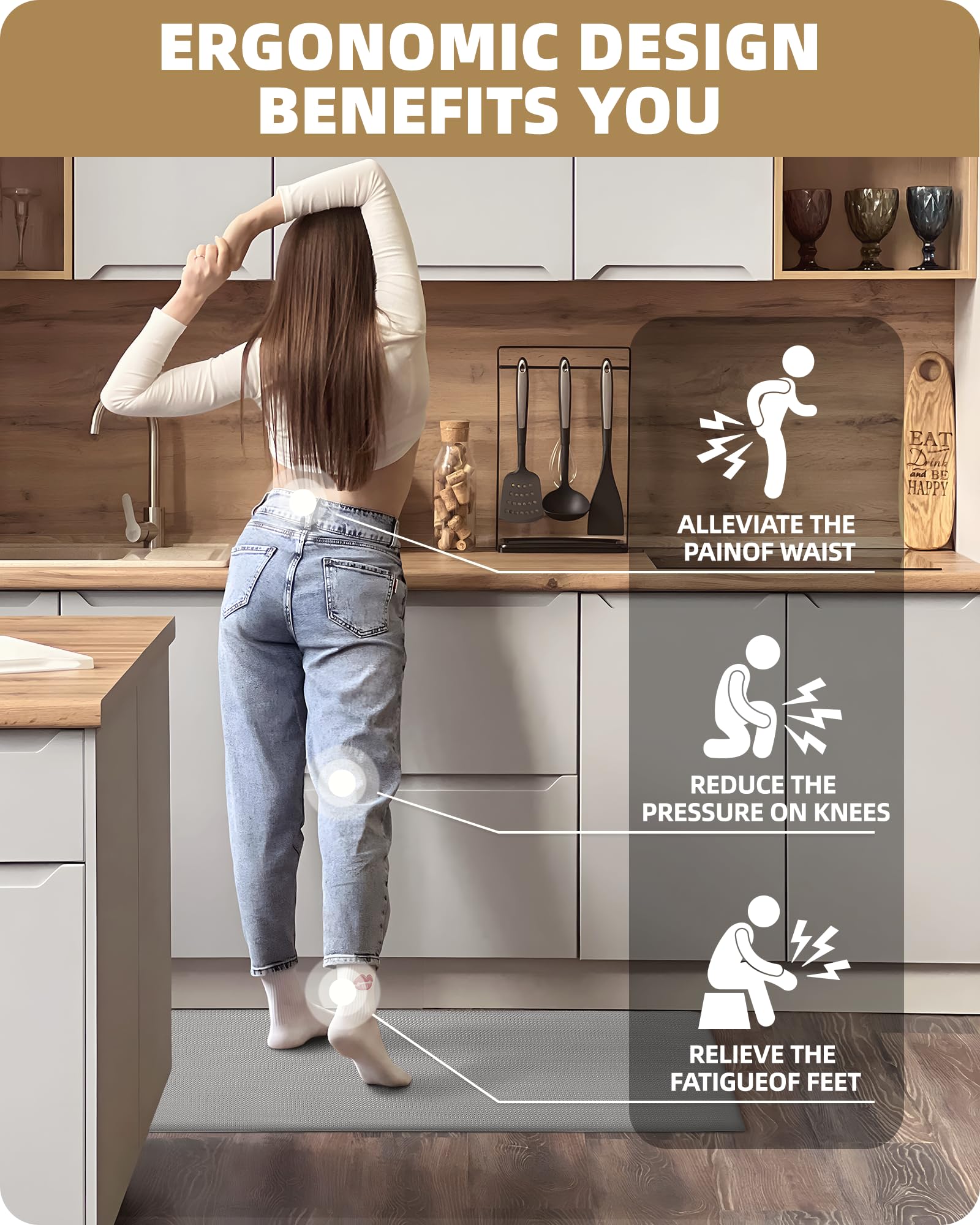 Color G Kitchen Rugs, Runner Cushioned Anti-Fatigue, Non Skid Waterproof Comfort Standing Floor Mats, Memory Foam, 17"x59", Grey