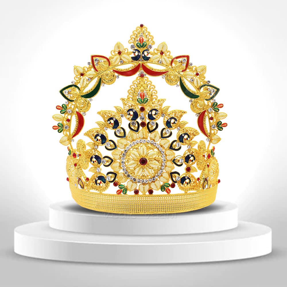 Vedic Vaani Elegant Navratri Goddesses Maa Navdurga Sherawali MATA Multicolour Gemstones Decorative Mukut/Crown/Handmade Designer Taj for Navdurga Festival, Puja, Goddess Idol/Statue
