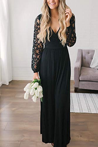 Zattcas Women's Vintage Lace Long Sleeve Faux Wrap V Neck Evening Party Maxi Dress Black XX-Large