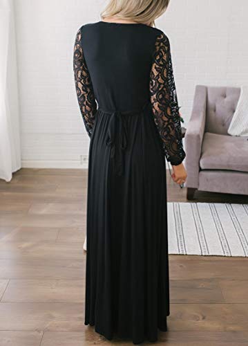 Zattcas Women's Vintage Lace Long Sleeve Faux Wrap V Neck Evening Party Maxi Dress Black XX-Large