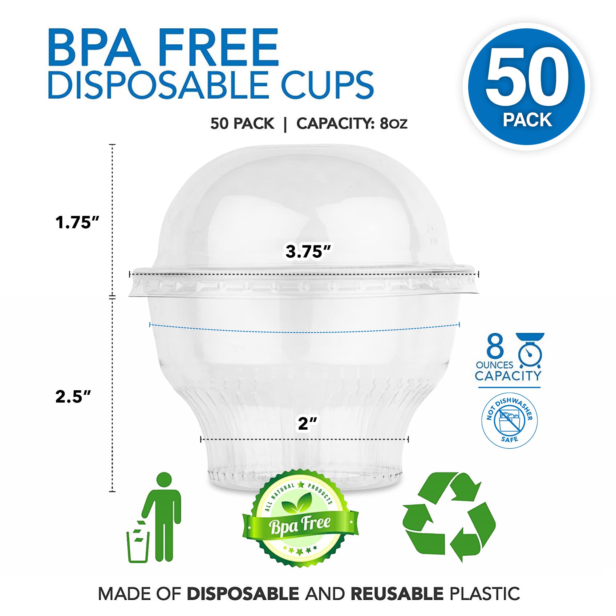 Clear Plastic Dessert Cups with Lids 8 oz (Set of 50) Small Disposable Parfait Cup, Dome Lid - No Hole, 8-Ounce Party Fruit Containers, Banana Pudding Bowl, Jello, Ice Cream, Desserts Container
