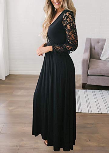 Zattcas Women's Vintage Lace Long Sleeve Faux Wrap V Neck Evening Party Maxi Dress Black XX-Large