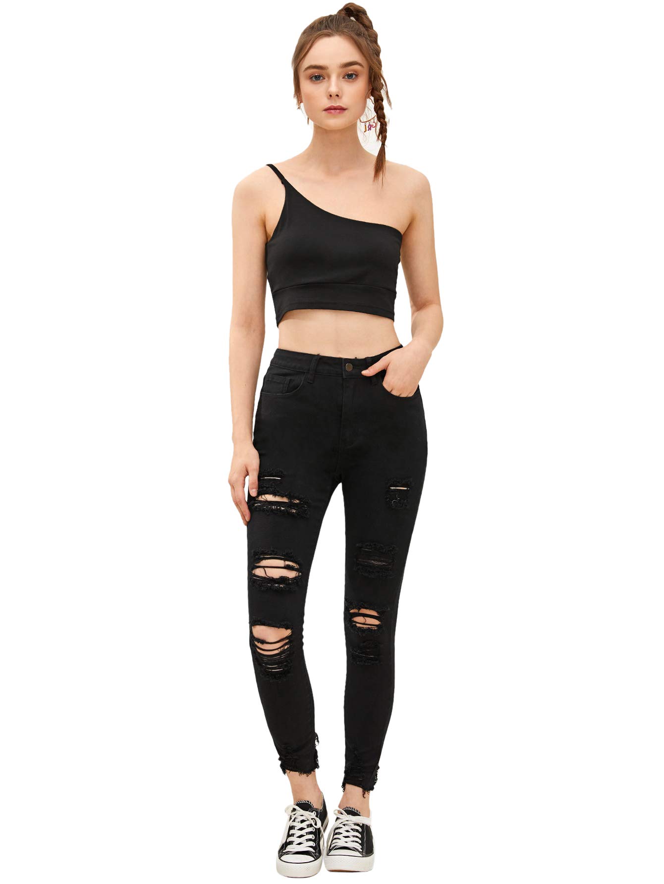 SweatyRocks Women's Hight Waisted Stretch Ripped Skinny Jeans Distressed Denim Pants Black-4 XL