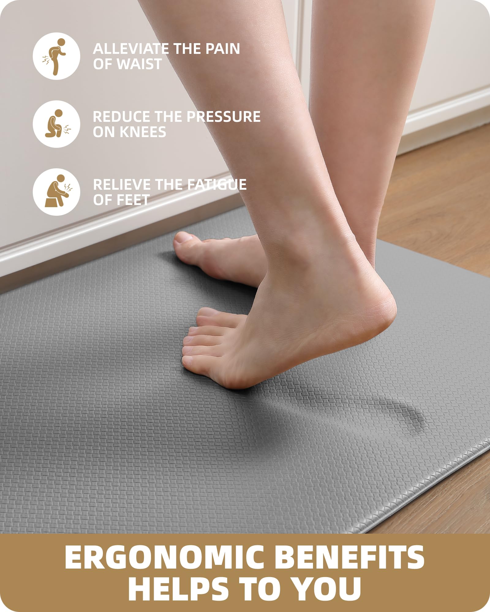 Color G Kitchen Rugs, Runner Cushioned Anti-Fatigue, Non Skid Waterproof Comfort Standing Floor Mats, Memory Foam, 17"x59", Grey