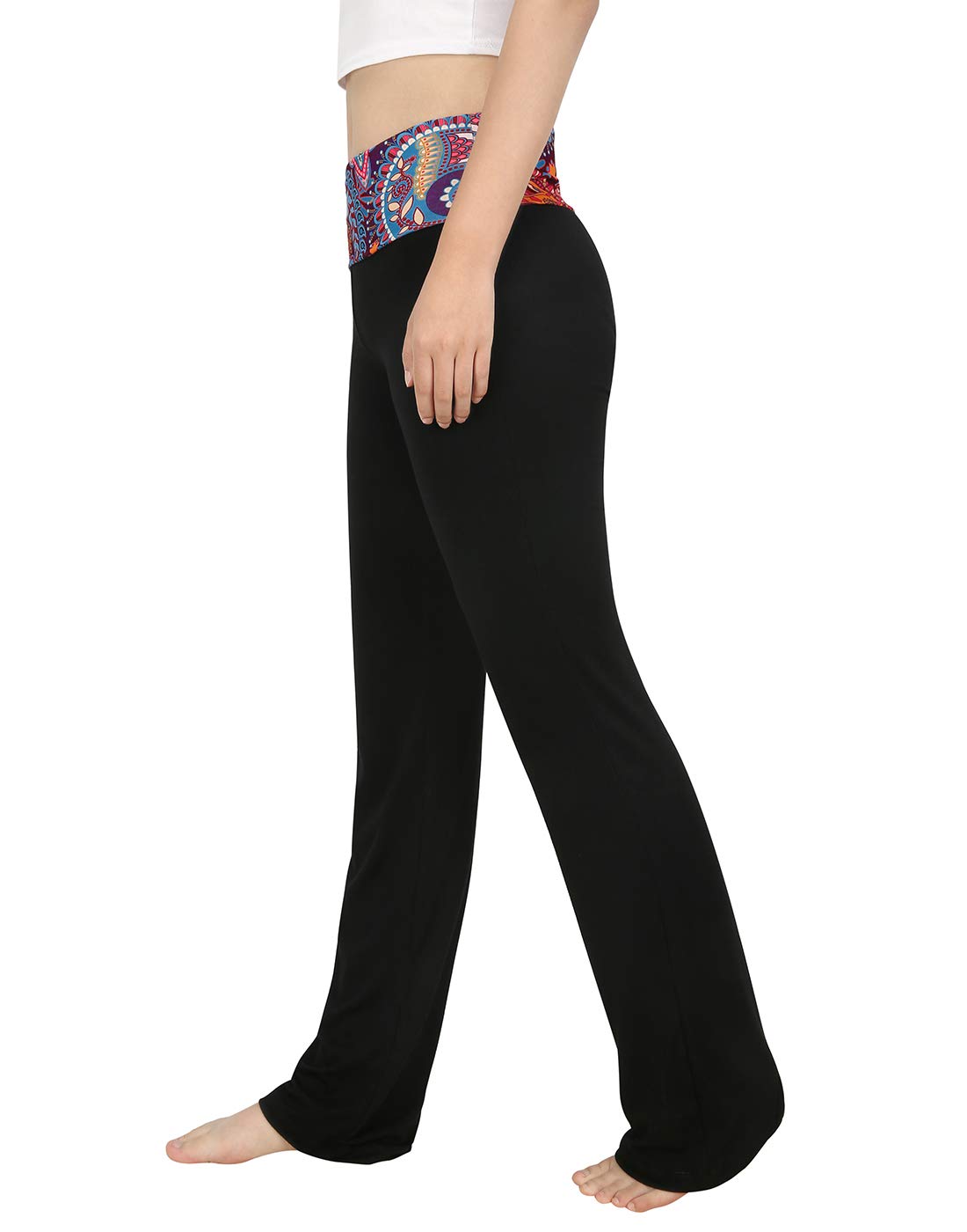 HDE Foldover Athletic Yoga Pants Gym Workout Leggings (Purple Paisley, Large)