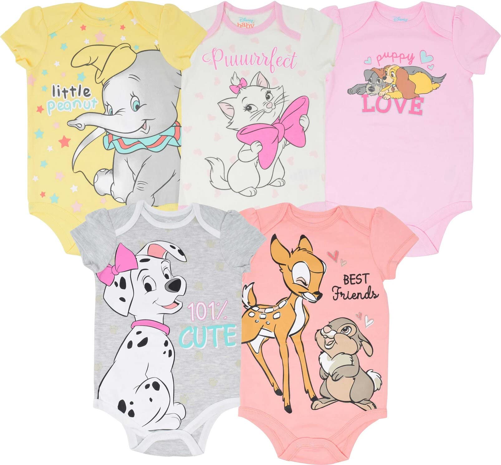 Disney Classics 101 Dalmatians Bambi Dumbo Aristocats Baby Girls 5 Pack Bodysuit 6-9 Months
