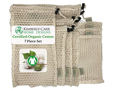 ZERO WASTE ORGANIC COTTON MESH REUSABLE PRODUCE BAG SET | Premium Washable Bags for Fresh Fruits & Vegetables | Compostable, Biodegradable | Sustainable Alternative to Plastic Bags | 4 Sizes | 7 Bags
