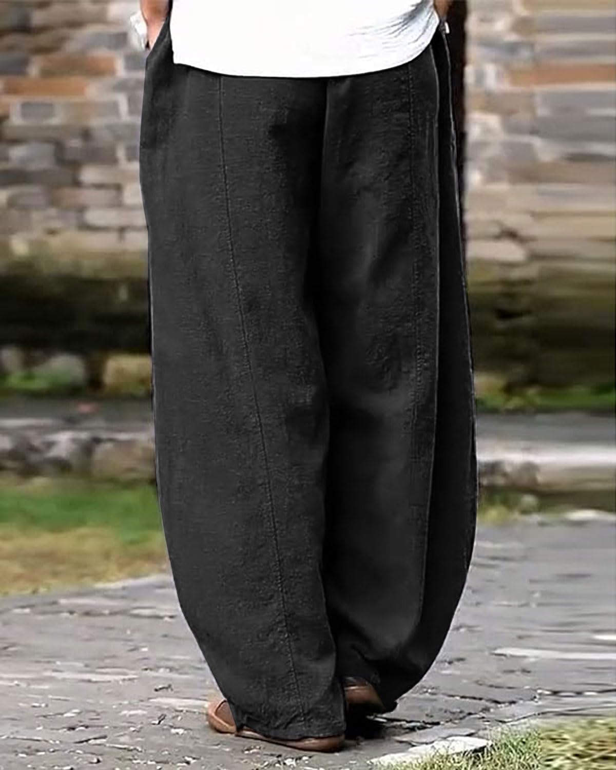 IXIMO Women's Casual Cotton Linen Baggy Pants with Elastic Waist Relax Fit Lantern Trousers Black XL
